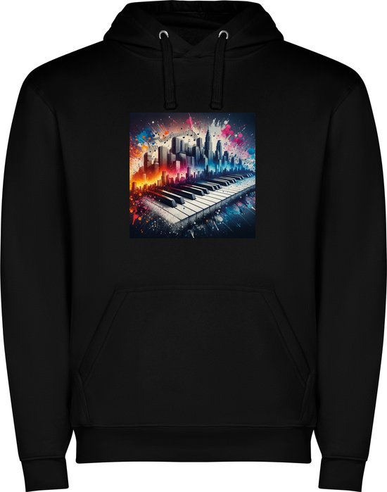 Zwarte unisex hoodie met “ Kleurrijke Keyboard – Muziek – Skyline ...