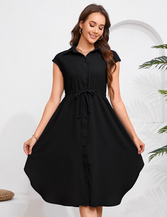 Zomerjurk dames casual overhemdjurk blousejurk met korte mouwen midi-jurk wikkeljurk... | bol