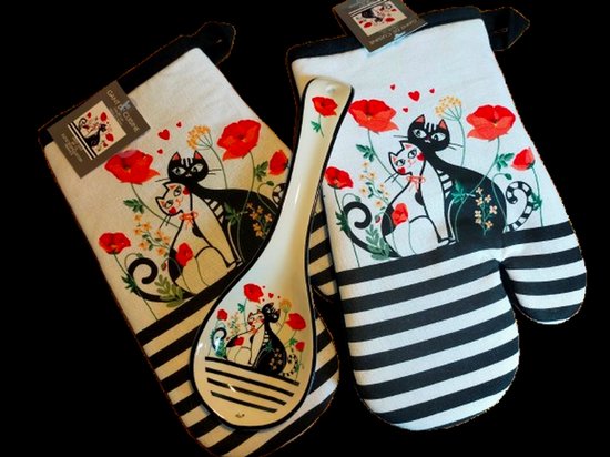 Set ovenwanten en lepelhouder met opdruk Poes met klaprozen - 2 ovenwanten en 1... | bol