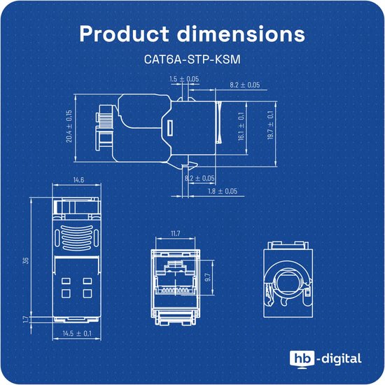 hb-digital Set: 6 x Cat.6a Keystone Module RJ45 + 6 x DIN-rail adapter ...