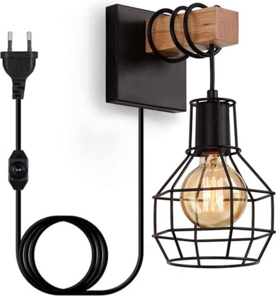 Industriële Dimbare Wandlamp - Retro Design - Zwart - Met Houten ...