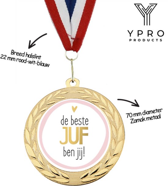 De Beste Juf Medaille - Goud metaal - Inclusief halslint - Uniek juffencadeau | bol