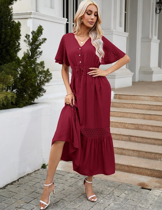 Zomerjurk Dames Maxi-jurk Korte Mouw Casual V-hals Boho Lange Jurk Wijnrood M | bol