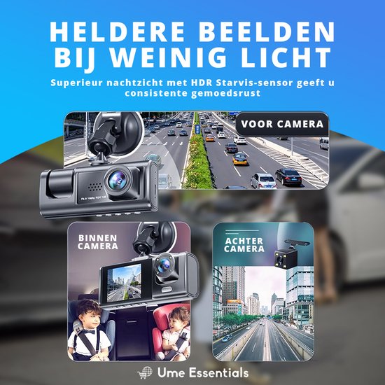 Ume Essentials - Dashcam Voor Auto 3 in 1 - Voor en Achter Camera ...