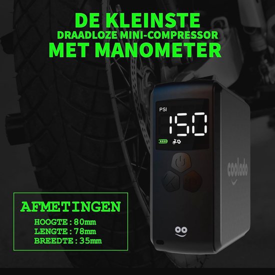 Draadloze Mini Compressor met Manometer - Compacte Bandenpomp voor ...