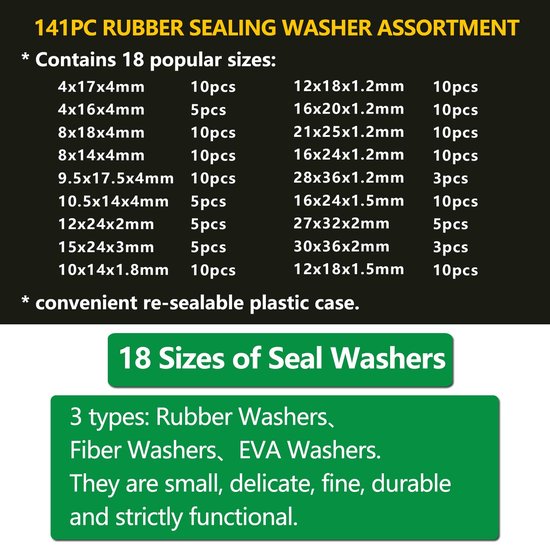 PUTEKCO 141 stuks rubberen afdichtingen, 18 maten afdichtingsringen ...