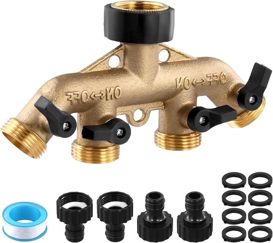 4 Weg Kraan G3/4 Messing Tuinslang Splitter Waterverdeler met 4 Tuinslangadapters... | bol