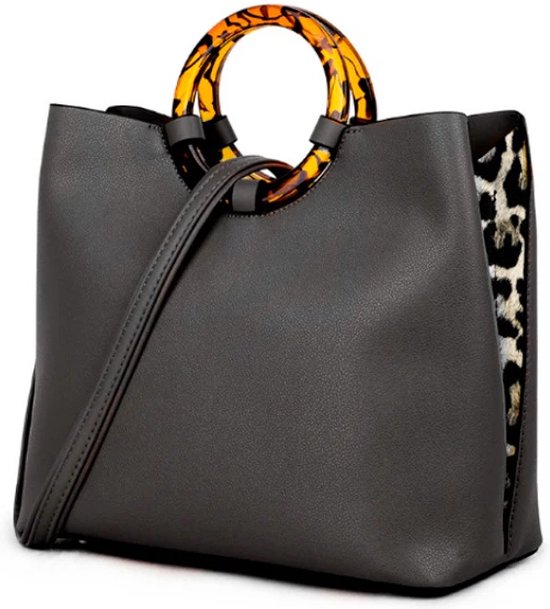 Zwarte Handtas Rond Panter Handvat & Zijkant - Trendy Dames Tassen ...