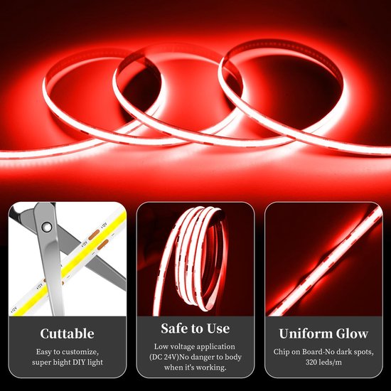 COB LED Strip Licht Rood 10M - Dimbaar - Geschikt voor diverse ...