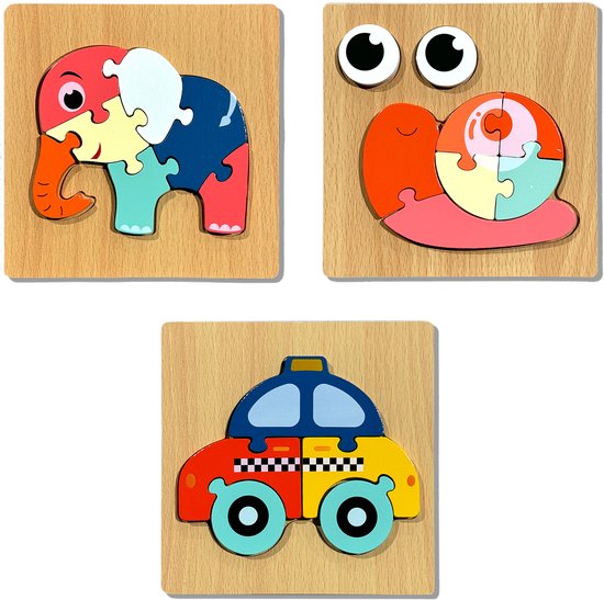 3D Puzzels - 3 Houten constructiepuzzels - Educatief speelgoed - Cadeau ...