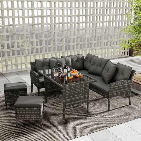 Sweiko Tuin Loungeset - Tuinmeubilair - 7-zits - Bank + Tafel + Kruk ...