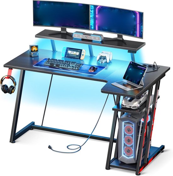 L-vormig Gaming Bureau met LED Verlichting en Stopcontacten - Gaming ...
