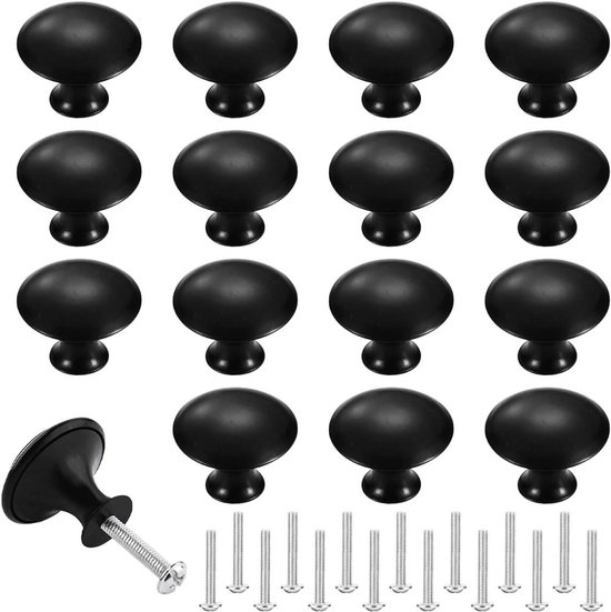 30mm Furniture Knob Black Round - 16pcs Cabinet Knobs with 16 Screws | bol
