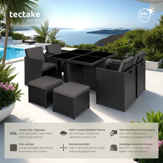 tectake® Loungemeubelset - Wicker tuinset - 4 stoelen, 4 krukken en 1 ...