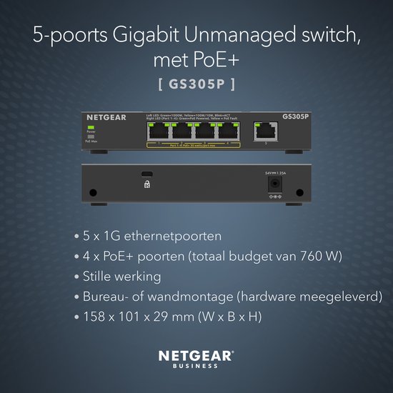 Netgear GS305P Netwerk Switch - Unmanaged - 5 PoE+ poorten - 1 Gbps | bol