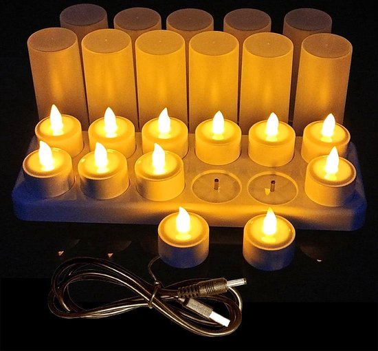 12 Oplaadbare led theelichtjes met laadstation - Kaarsen kopjes - USB ...