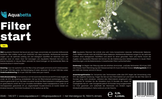 Aquabetta Filterstart Gel 0,5L - Bacteriën voor de vijver - Goed voor ...