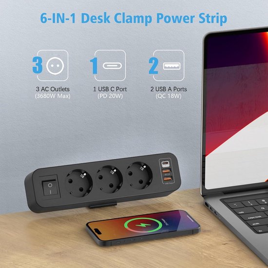 Tafelstopcontact met 3 compartimenten - QC - Type C PD - 20 W - 7-in-1 ...