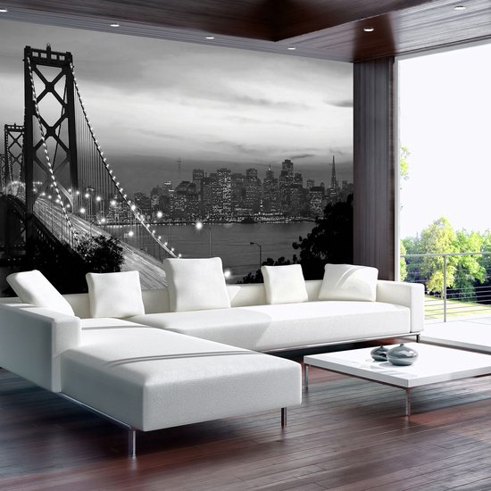 Fotobehang - Vlies Behang - Golden Gate Bridge in zwart-wit - 254 x 184 ...