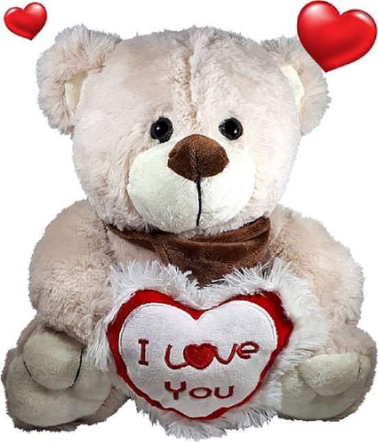 Teddybeer Beige met I Love You Hart (Wit/Rood) Pluche Knuffel 30 cm ...