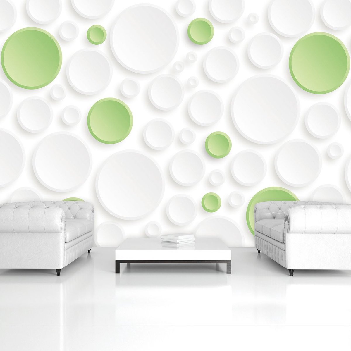 Fotobehang - Vlies Behang - Groen en Witte Rondjes - Kunst - 254 x 184 ...