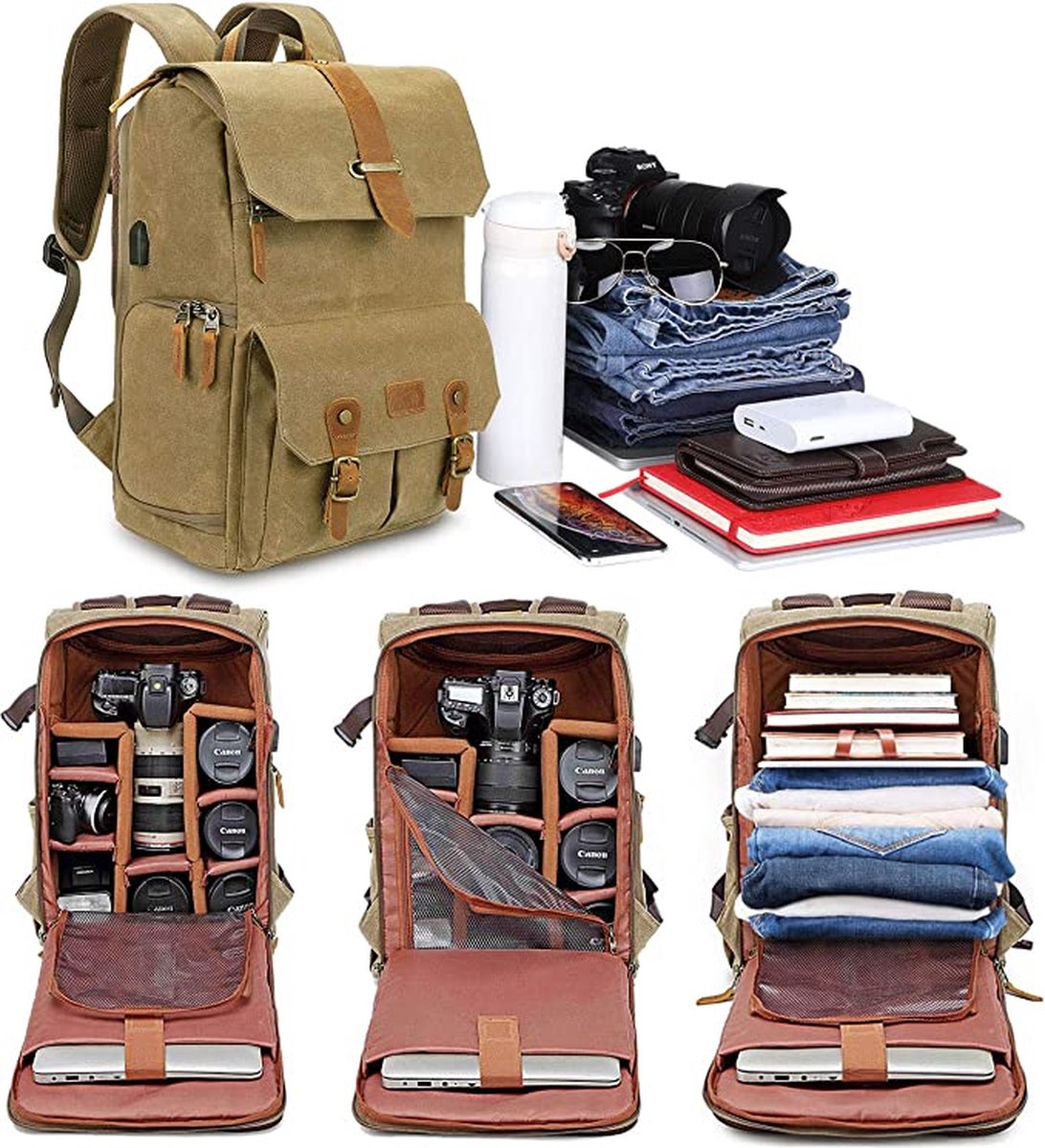 UBaymax Camerarugzak, cameratas, waterdicht canvas, linnen stof en echt ...