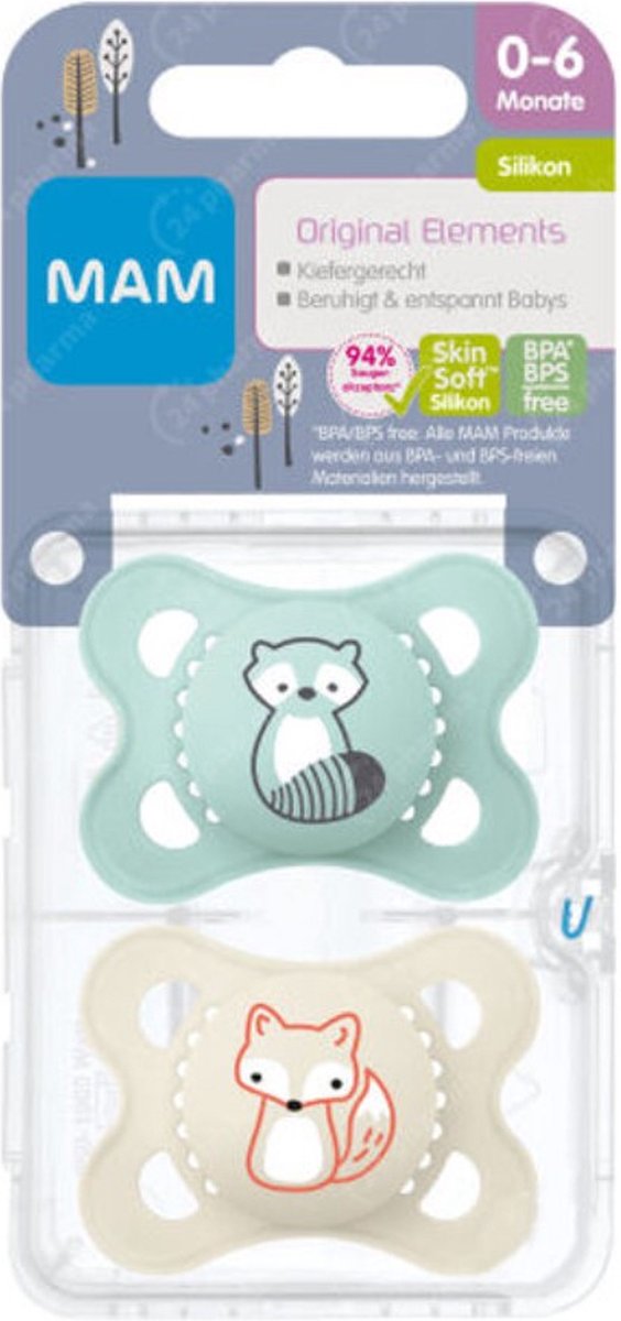Fopspeen Mam Original Elements Silicone Fopspenen 0-6 maanden - Wasbeer en Vos - 2... | bol.com