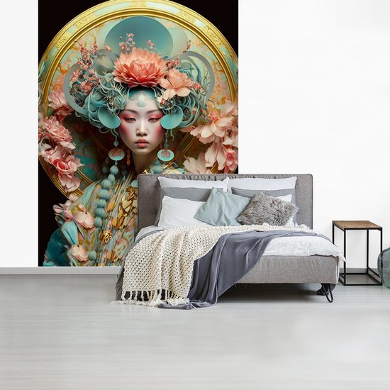 Behang - Fotobehang Vrouw - Bloemen - Roze - Portret - Aziatisch ...