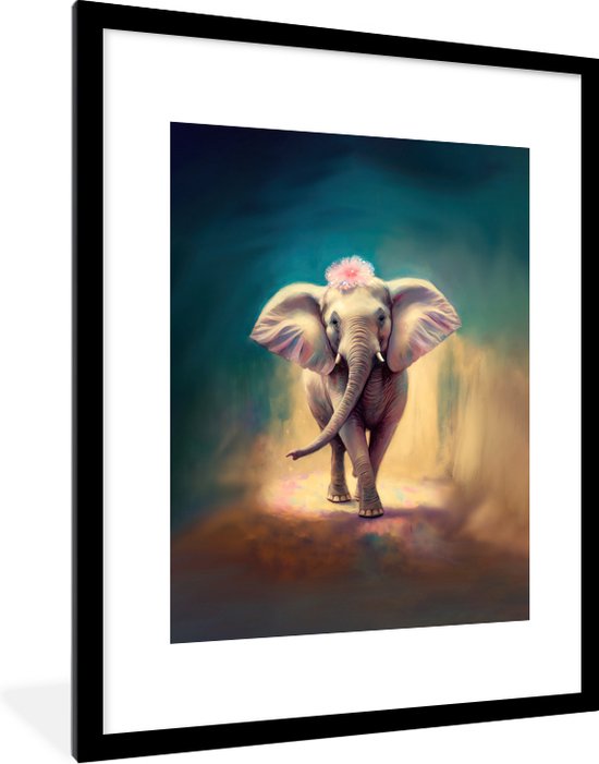 Fotolijst - Poster in lijst - Olifant - Bloemen - Verf - Abstract ...