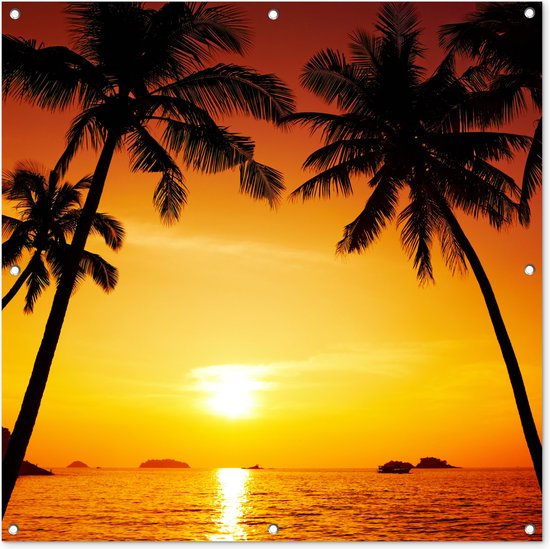 Tuindoek Palmboom - Zonsondergang - Strand - Oranje - Tropisch ...