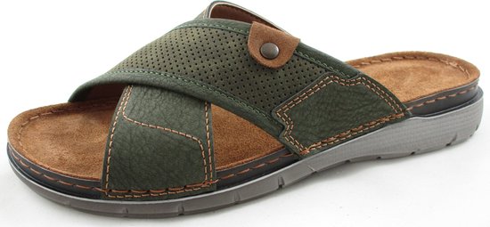 Fischer - Slippers Heren - Slide - Khaki - Groen - Leer - Maat 44 | bol.com