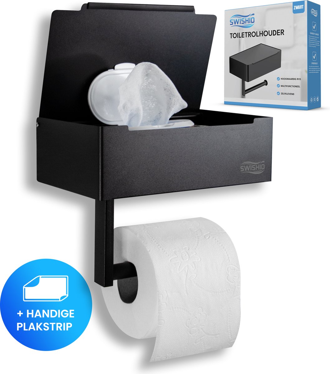 Toiletrolhouder met Plankje en Bakje - WC rolhouder zwart - Opbergvak ...