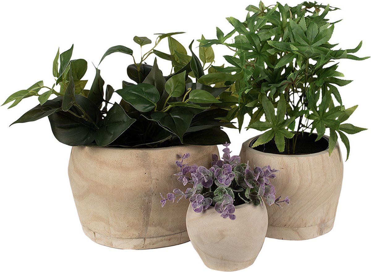 Clayre & Eef Bloempot Set van 3 Ø 24 Ø 18 Ø 12 cm Bruin Hout Rond ...