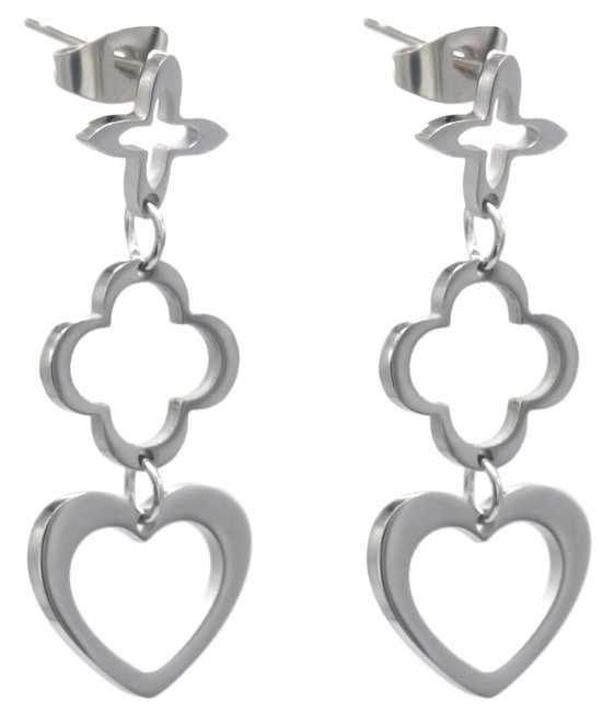 Oorbellen Klaver en Hart - RVS - 3,5 cm - Zilverkleurig | bol.com