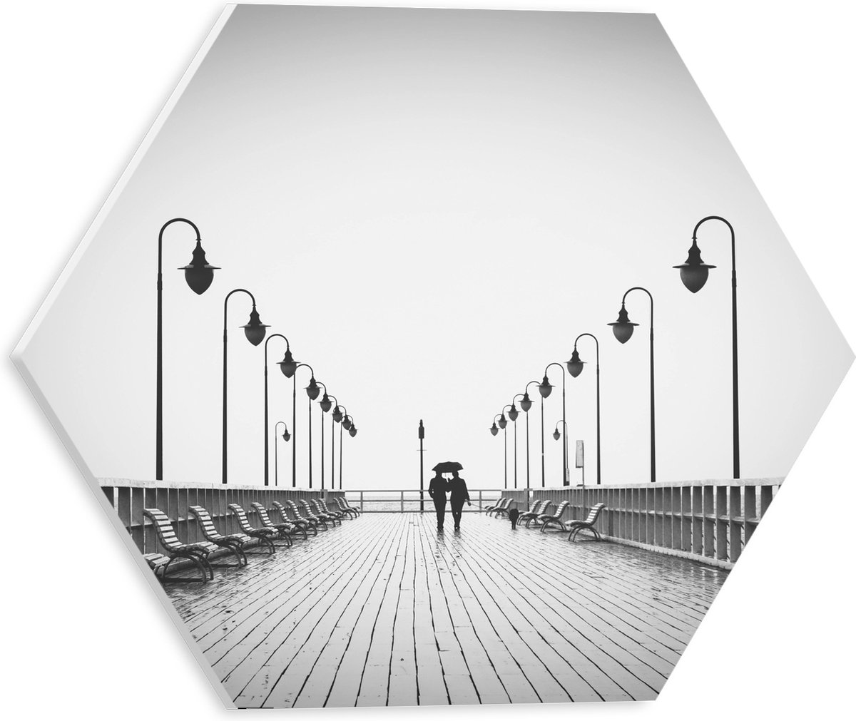 PVC Schuimplaat Hexagon - Stijger op de Zee met Lantaarnpalen - Zwart ...