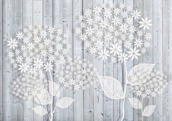 Fotobehang - Vlies Behang - Witte Bloemetjes op Hout Kunst - 254 x 184 ...