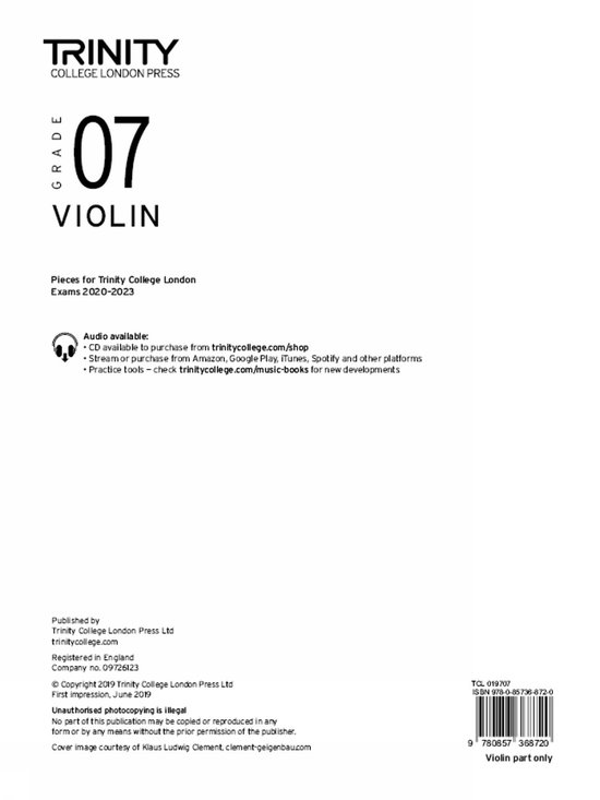 Trinity College London Violin Exam Pieces 2020 2023 Grade 7 Part Only