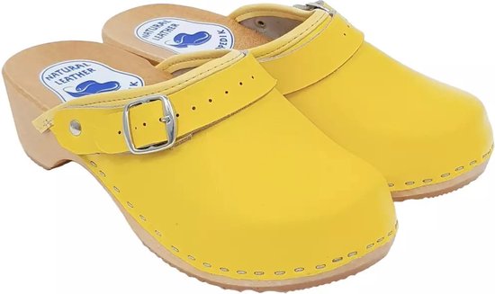 Zweedse Klompen ‘Dallund’ Echt Leer Kanariegeel - Elzenhouten zool maat ...