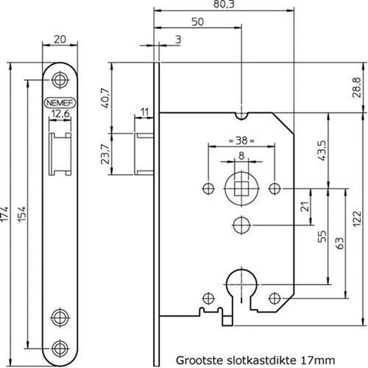 Nemef centraal insteek deurslot 50 mm dr.r.1 1269/37 Rs cilinder ...