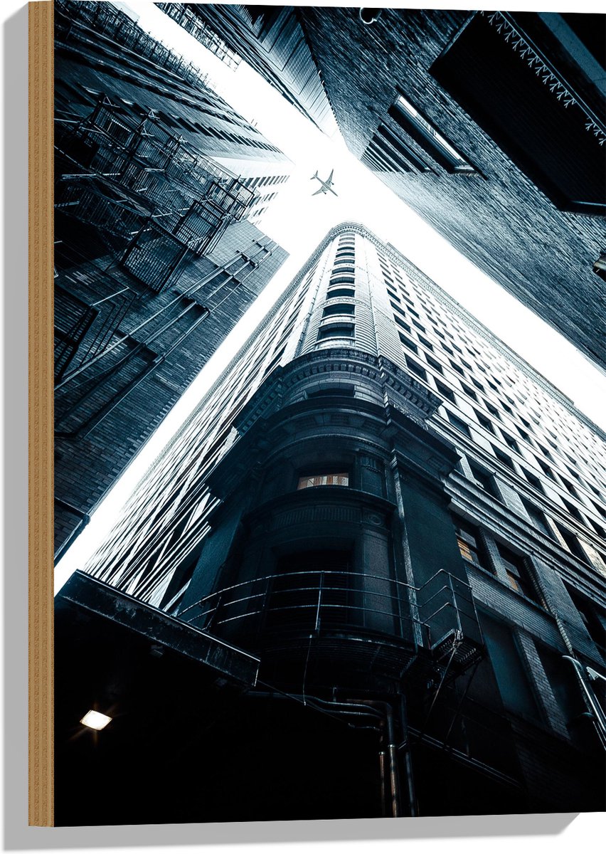 Hout - Vlegtuig Vliegend tussen Hoge Gebouwen - 40x60 cm - 9 mm dik ...