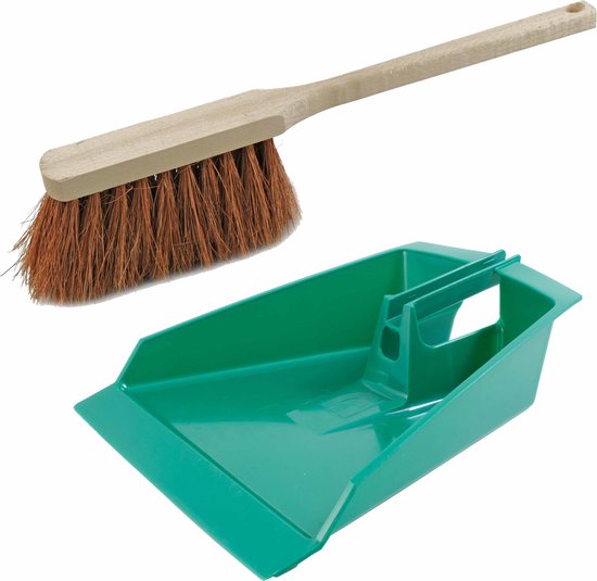 Groen kunststof stoffer en blik voor binnen/buiten van kokosvezel met ...