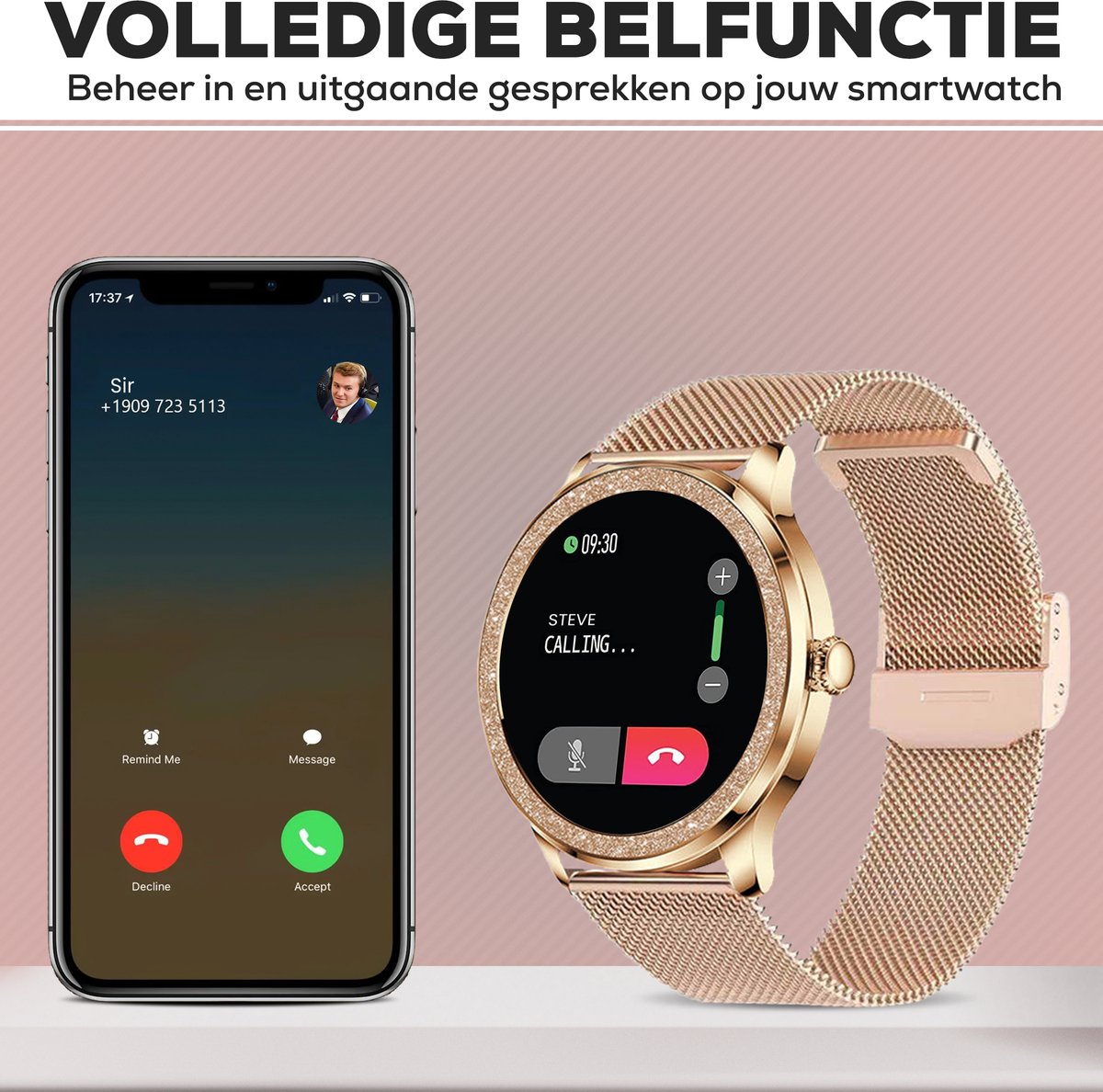 Smartwatch Dames Rose Goud Met Stappenteller & Bloeddrukmeter ...