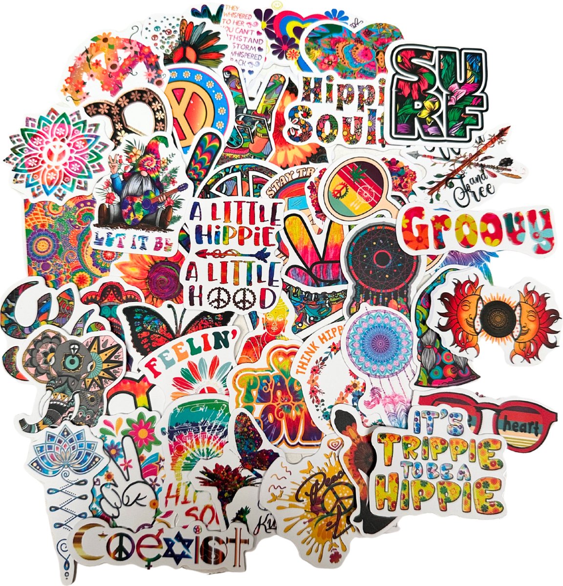 Set van 50 Hippie stickers - Peace, Love, Groovy, Sixties - Kleurrijke ...