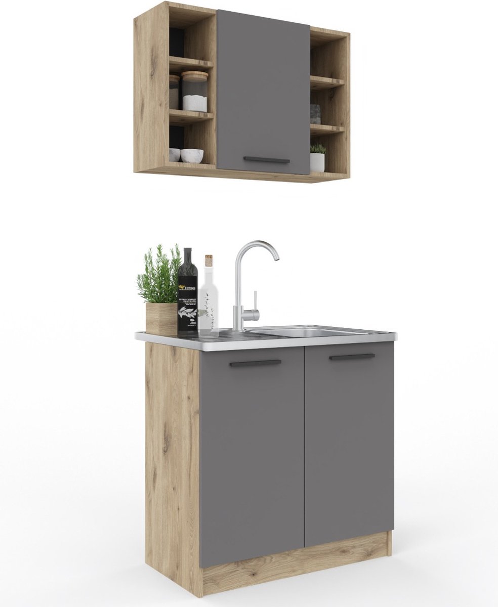 Kleine Keuken Antraciet Eiken - 80cm – Mini Keukenblok – Kitchenette ...