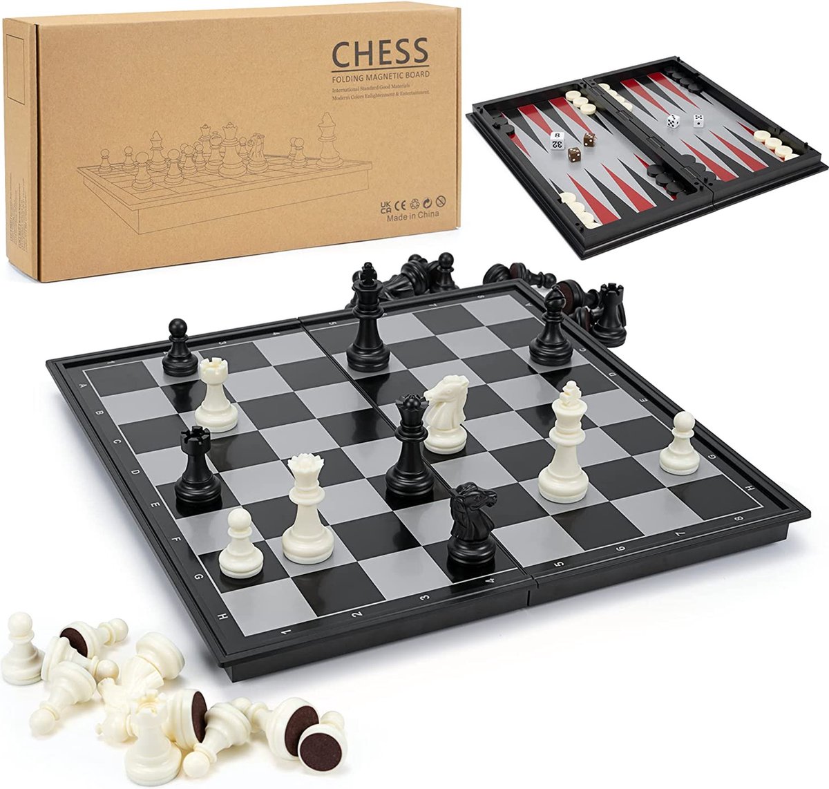 3-in-1 schaakspel, magnetisch, hoogwaardig schaakbord, 32 cm x 32 cm ...