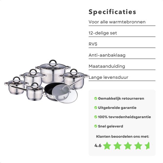 Cheqo® RVS Pannenset - Kookpannen Set - Steelpan - 1,9L, 2,6L, 3,7L, 6,2L, 3,0L -... | bol.com
