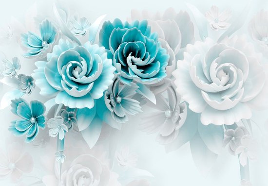 Fotobehang - Vlies Behang - Turquoise Rozen en Bloemen van Keramiek ...