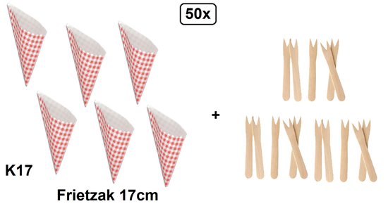 50x Frietzak Boerenbont 17cm papier + 50x houten frietvorkje - friet ...