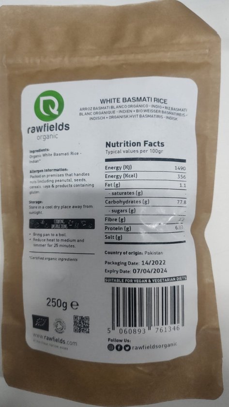 Witte Badmatje Rijst - Rawfields Organic - 250 gr - Biologische Rijst | bol
