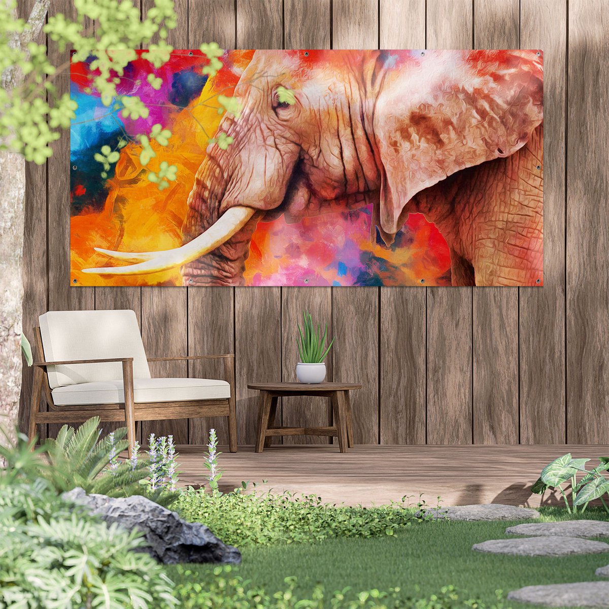 Gards Tuinposter Kleurrijke Olifant - Abstract - 200x100 cm - Tuindoek ...